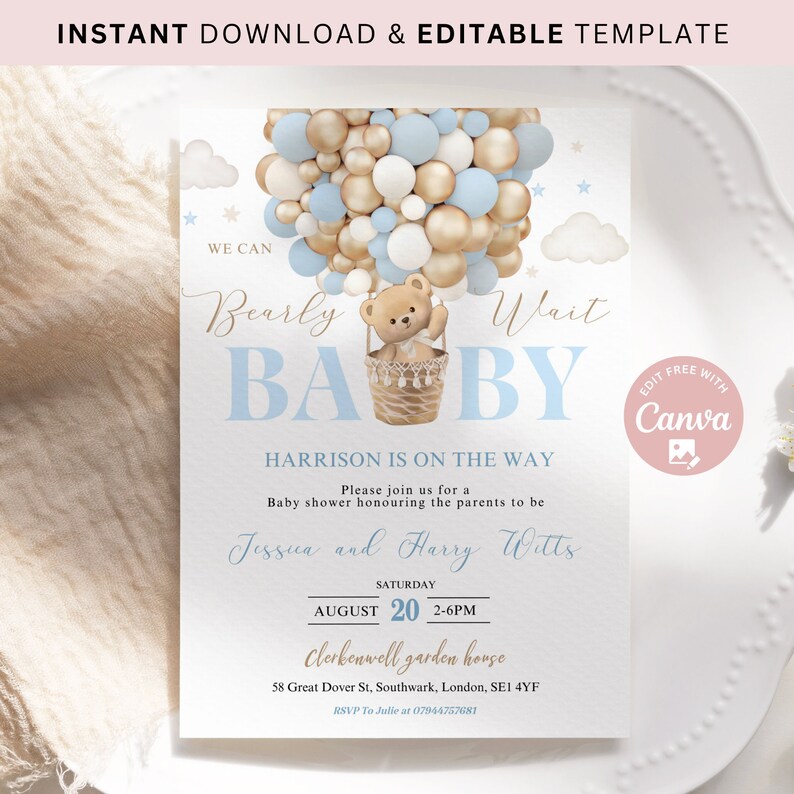 Editable We Can Bearly Wait Baby Shower Invite, Hot Air Balloon Teddy ...