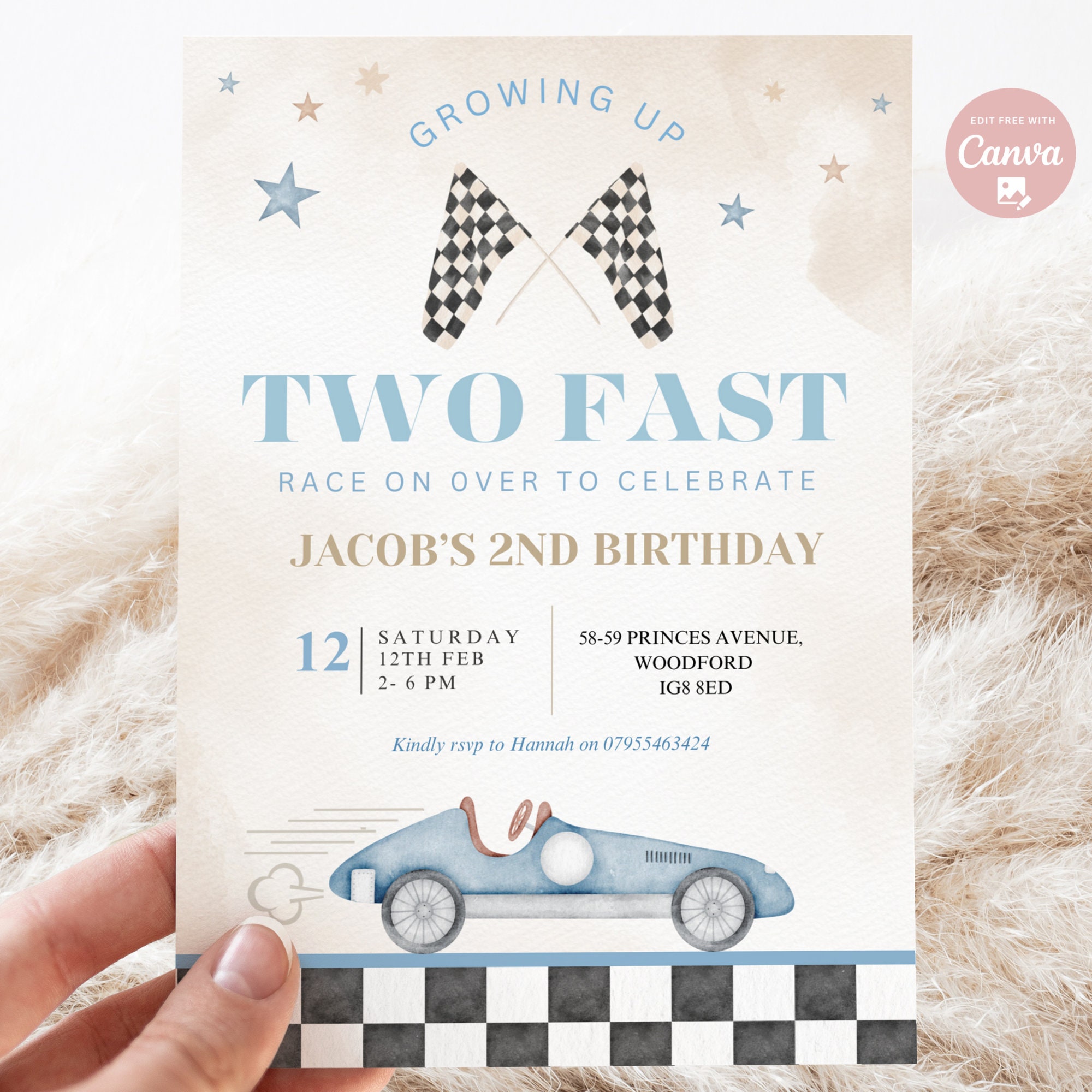 Editable Blue Two Fast Birthday Invitation Race Car 2nd - Etsy