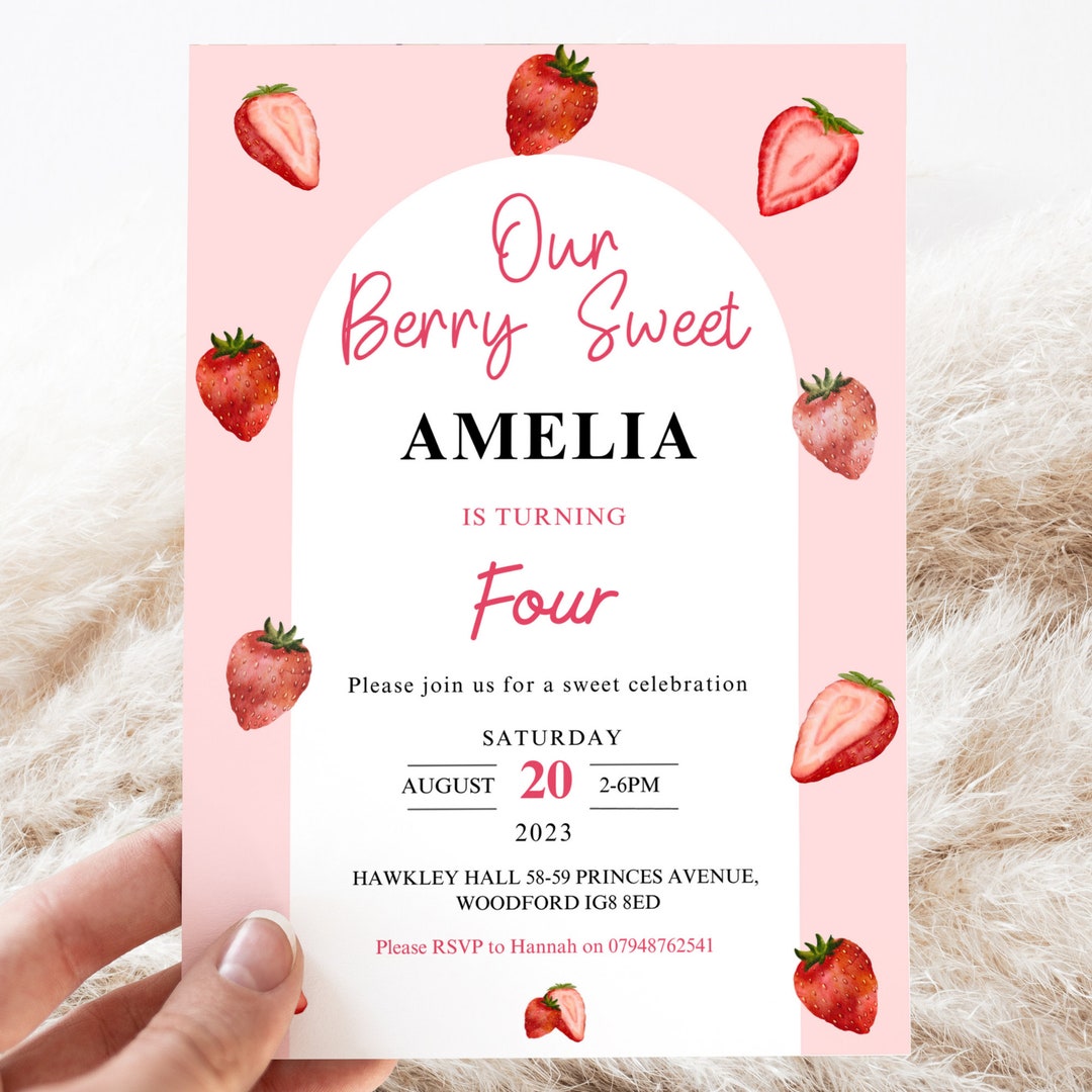 Editable Berry Sweet Birthday Invitation, Strawberry Pink & White ...