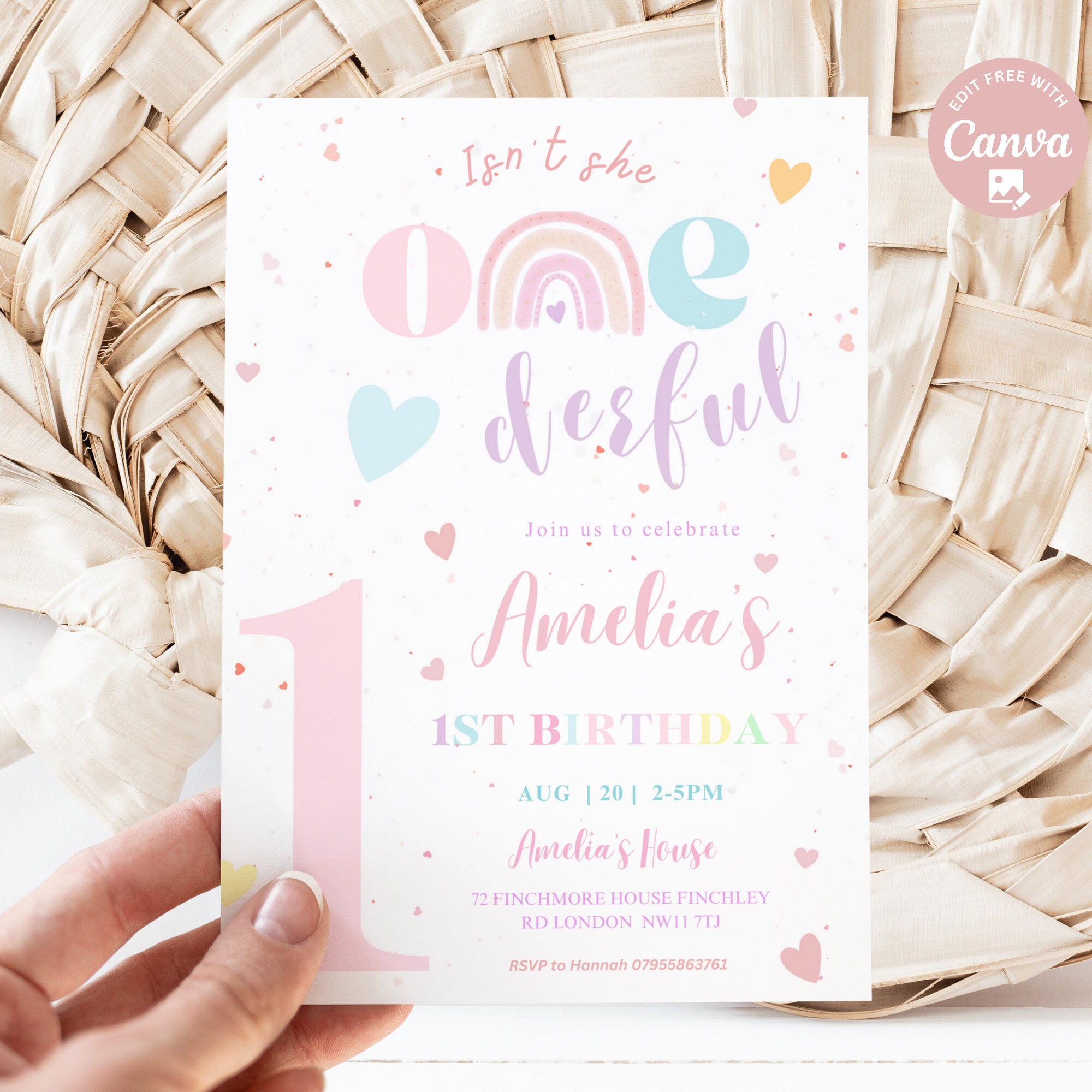 Editable Pastel Boho Rainbow Onederful 1st Birthday Invitation Isnt She ...