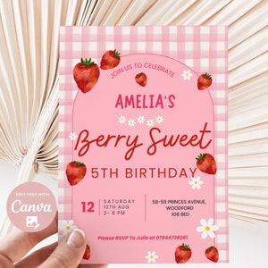 Editable Berry Sweet Birthday Invitation Pink and Red Girls Strawberry ...