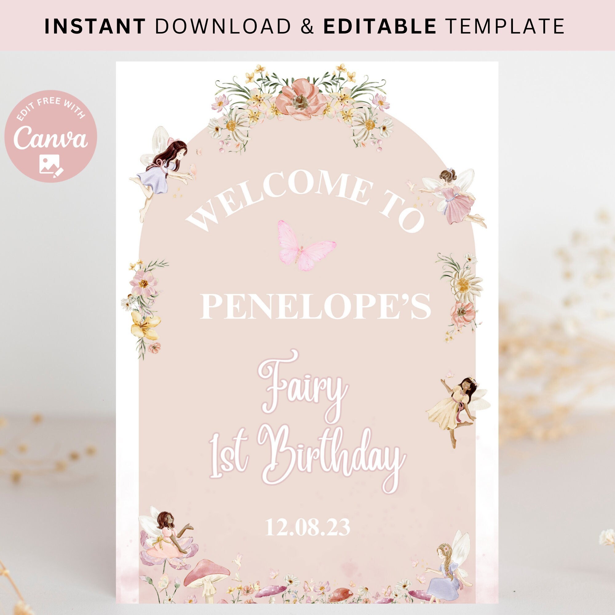 Editable Neutral Fairy 1st Birthday Welcome Sign Enchanted - Etsy
