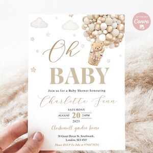 Editable Gender Neutral Oh Baby Baby Shower Invite Hot Air Balloon Bear ...