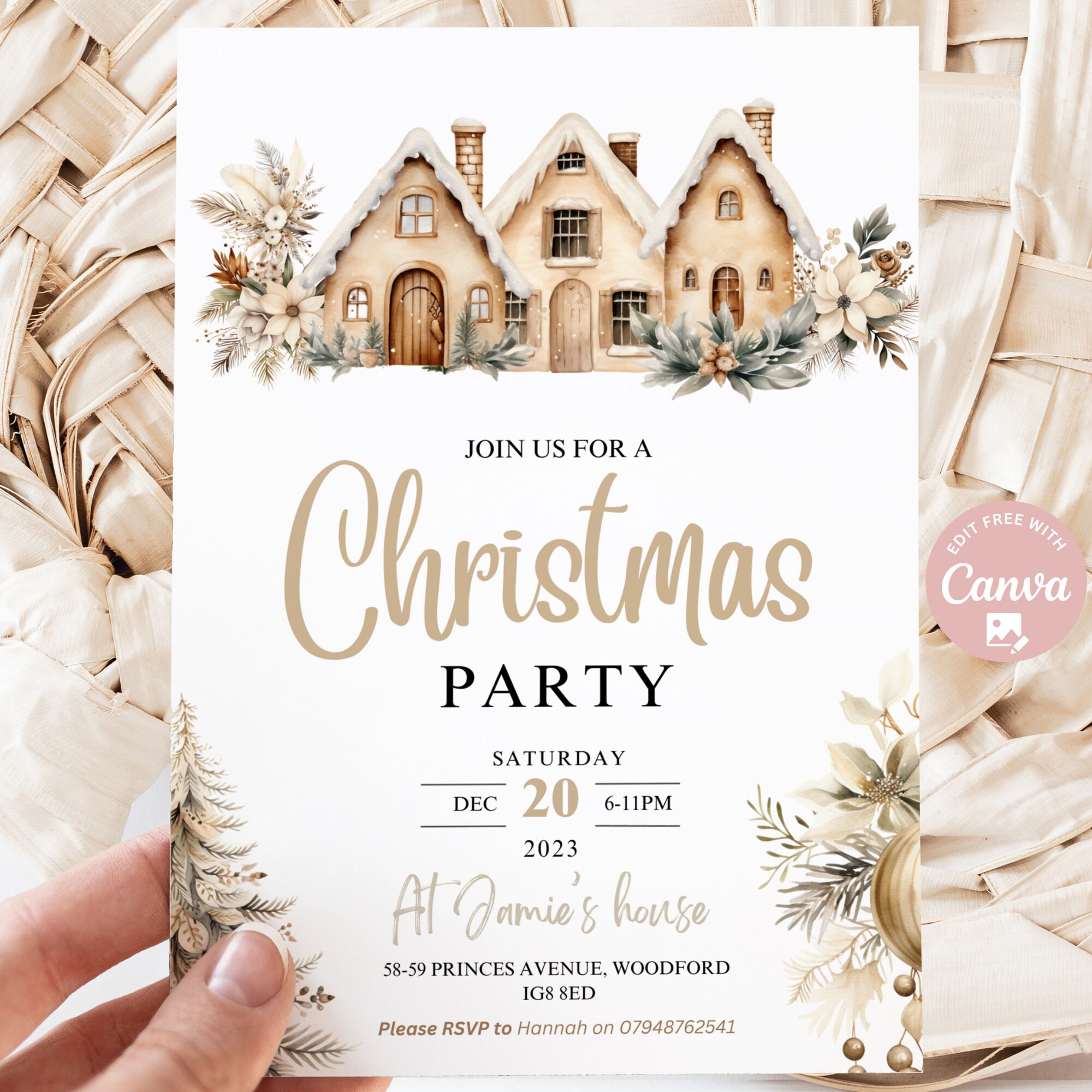 Editable Neutral Boho Christmas Party Invitation Christmas Party Invite ...