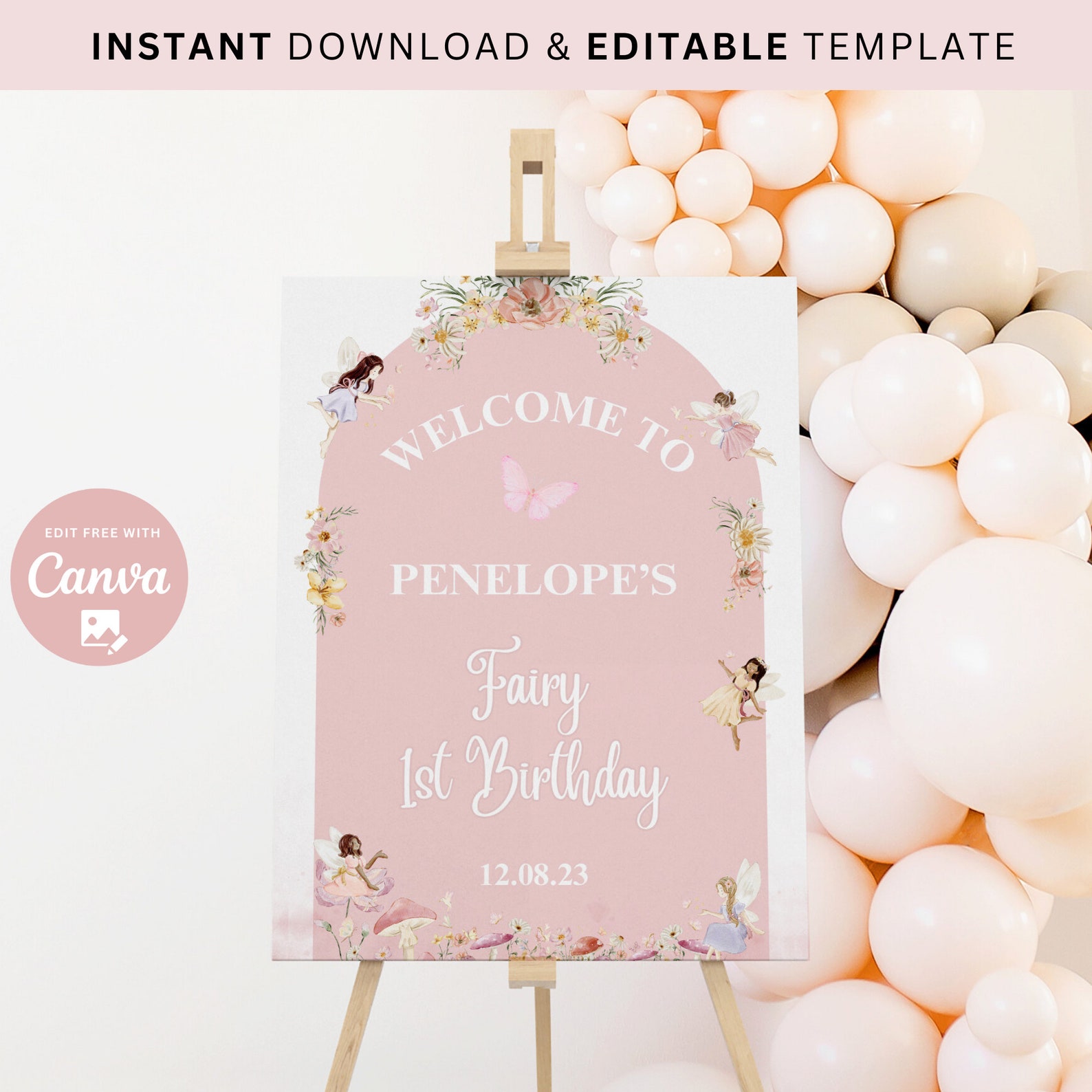 Editable Fairy 1st Birthday Welcome Sign Enchanted Fairy Blush Pink ...