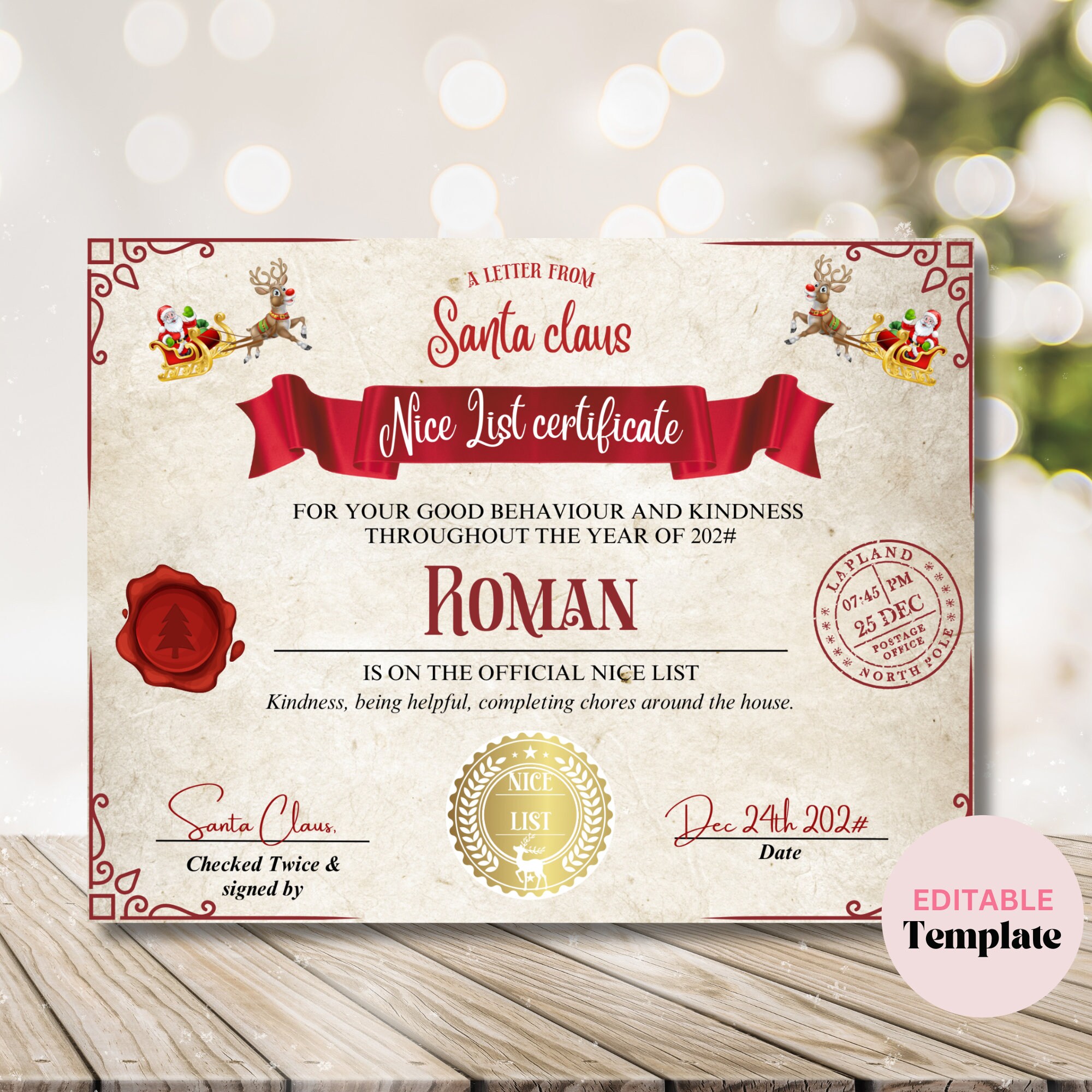 Editable Santa Nice List Certificate: Printable Christmas Keepsake ...