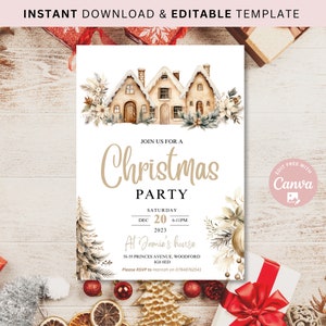 Editable Neutral Boho Christmas Party Invitation Christmas Party Invite ...