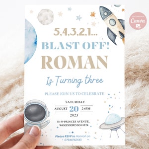 Editable Outer Space Birthday Invitation, Galaxy Blast off Party Invite ...