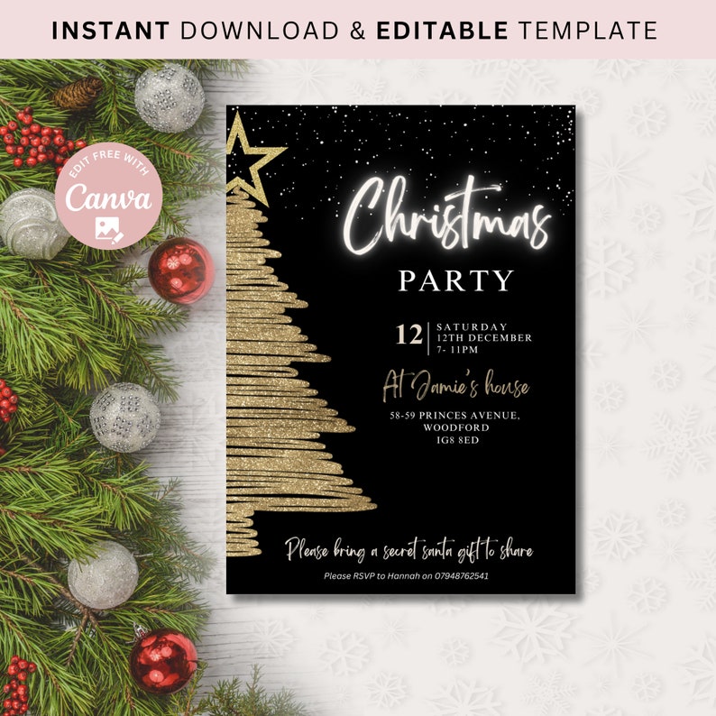 Editable Christmas Party Invitation Christmas Black Party Invite ...