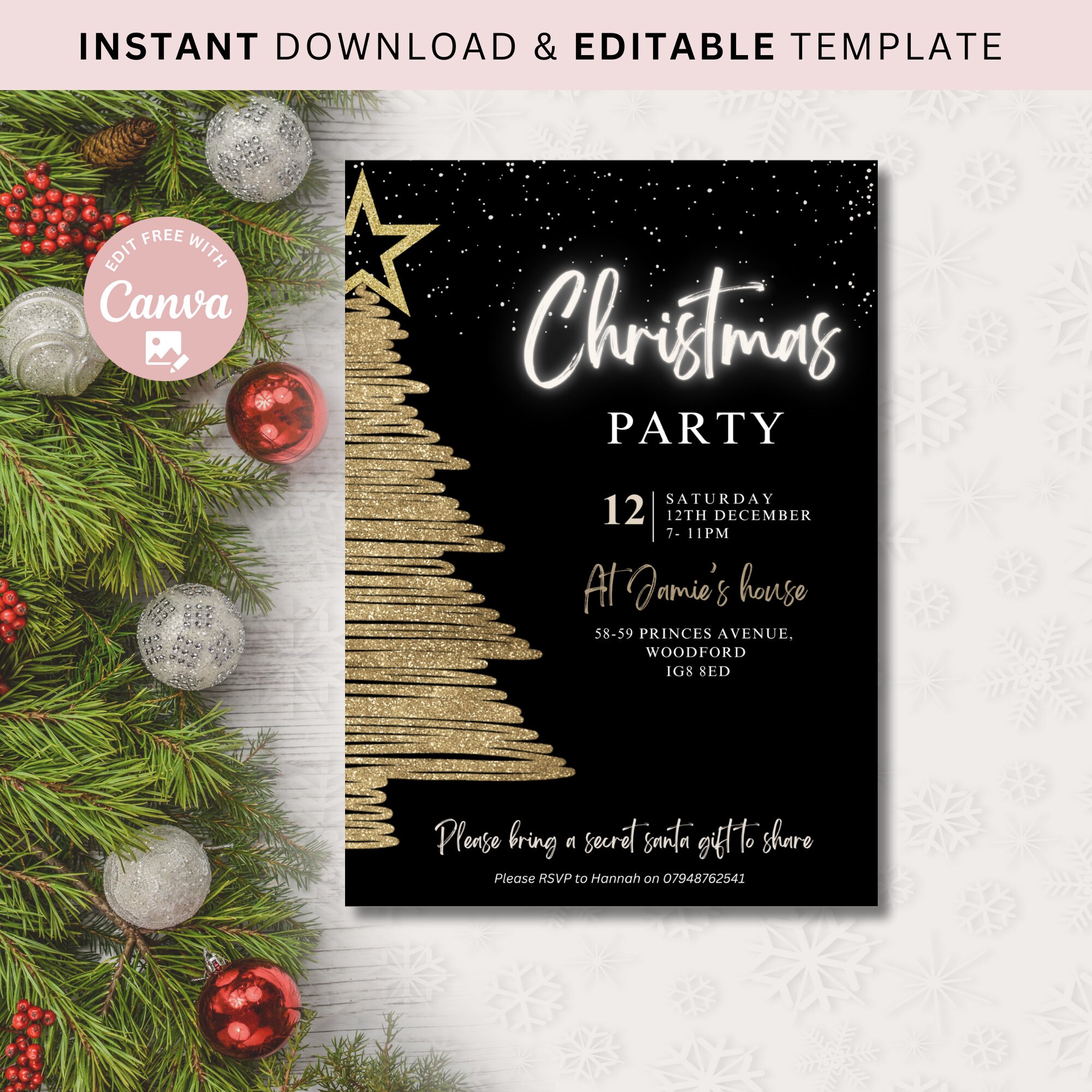 Editable Christmas Party Invitation Christmas Black Party Invite ...