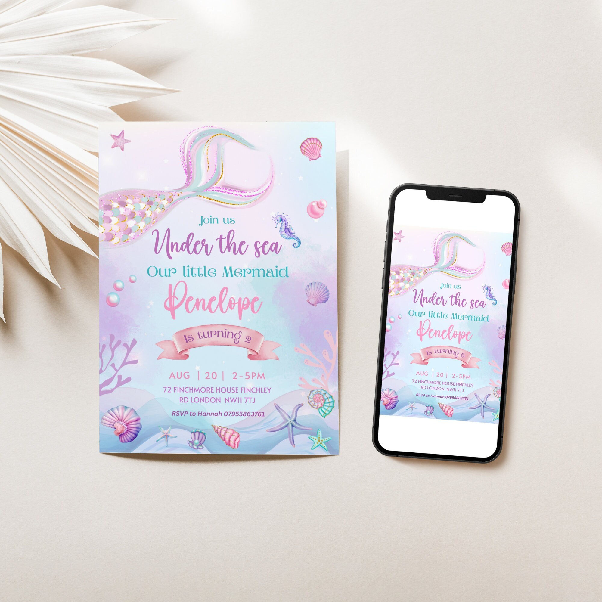 Editable Mermaid Birthday Invitation Girl Mermaid Under the - Etsy