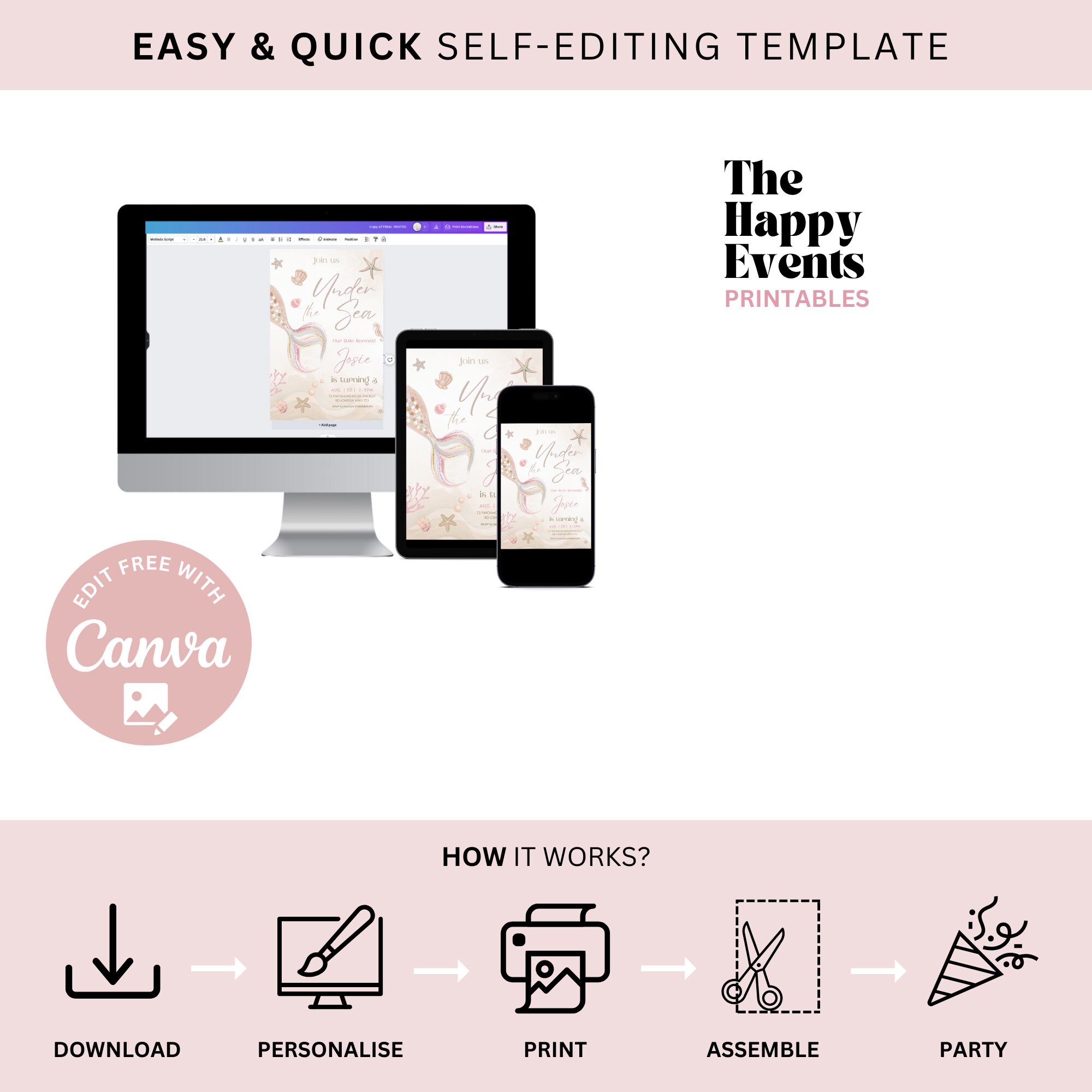 Editable Boho Mermaid Birthday Invitation Girl Mermaid Under the Sea ...