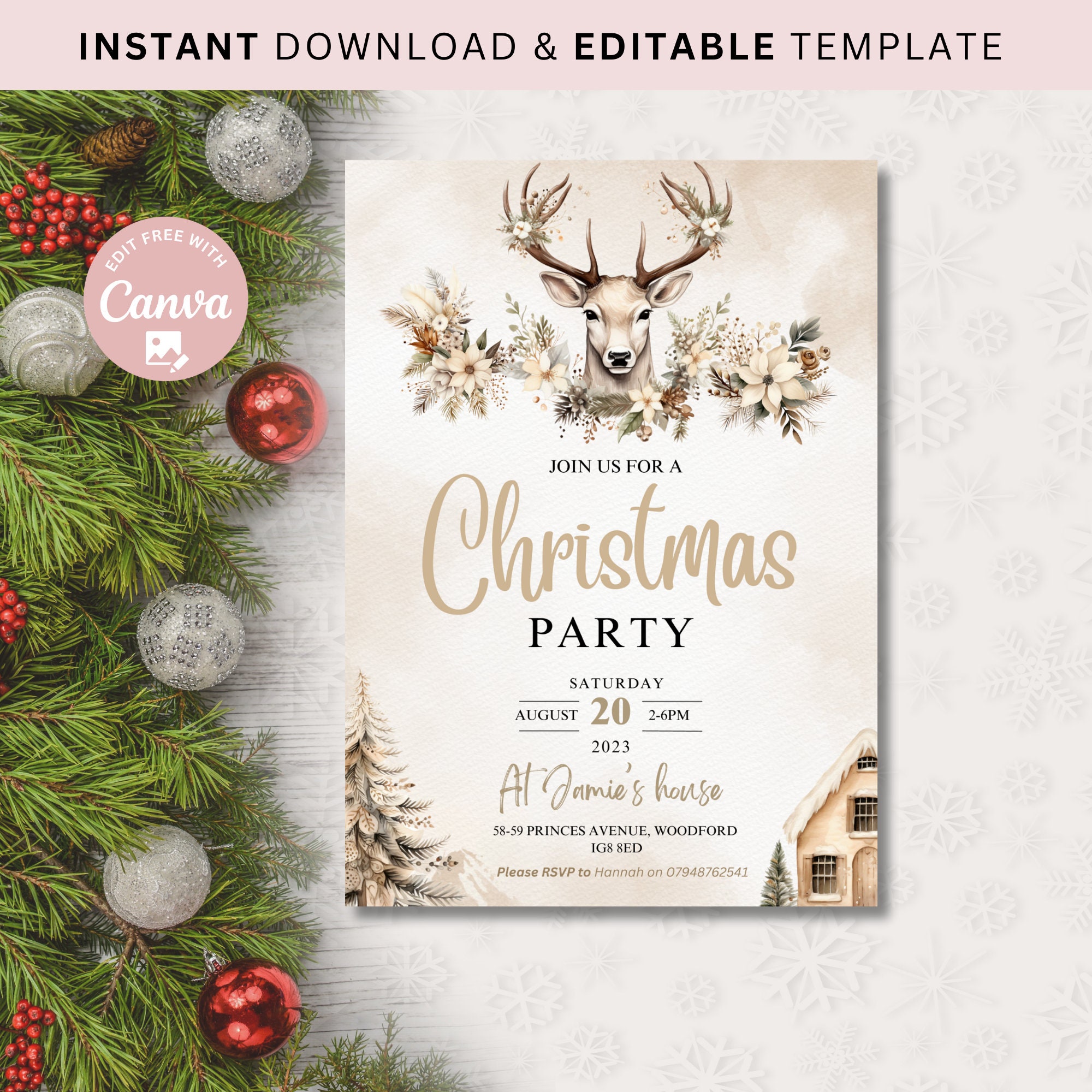 Editable Neutral Boho Christmas Party Invitation Christmas - Etsy