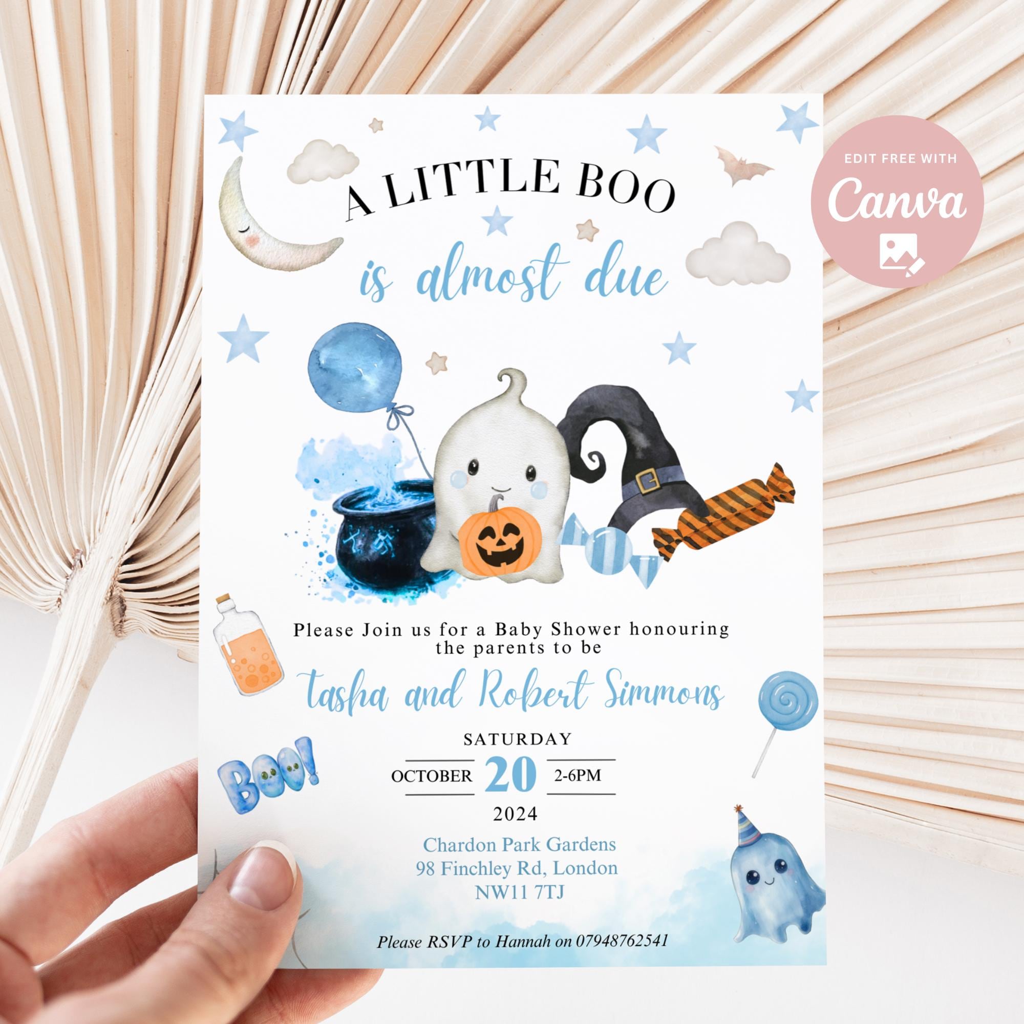 Editable Blue A Little Boo is Almost Due Baby Shower Invitation Boy ...