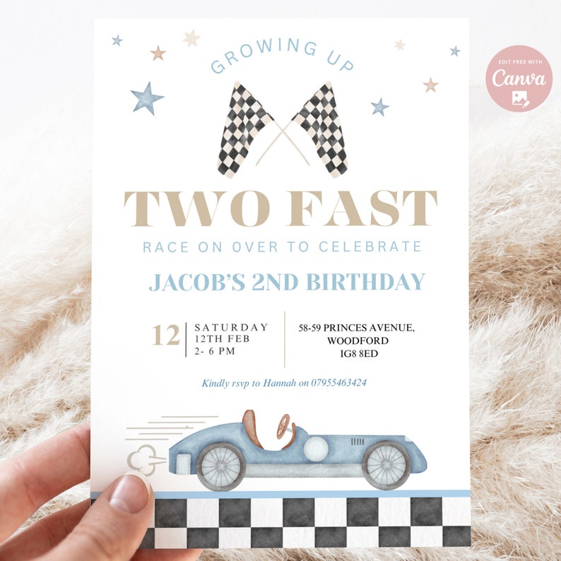 Editable Two Fast Birthday Invitation Race Car 2nd Birthday Boy Invite ...