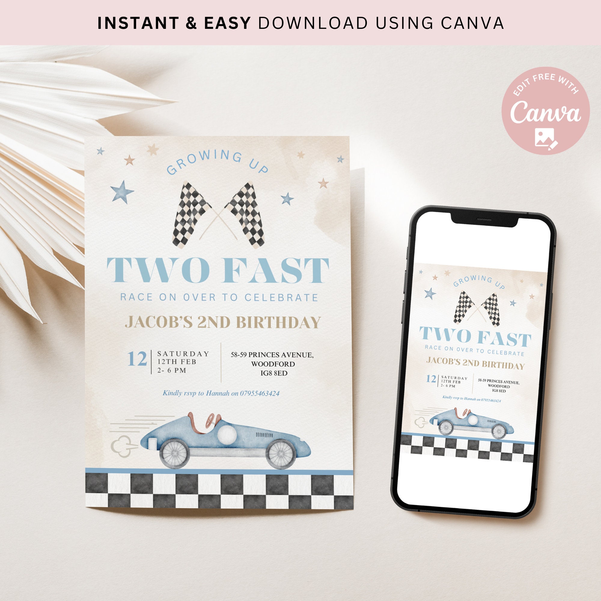 Editable Blue Two Fast Birthday Invitation Race Car 2nd - Etsy