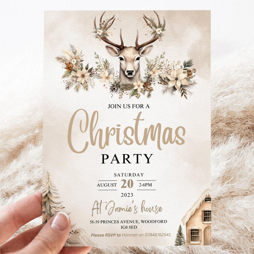 Editable Neutral Boho Christmas Party Invitation Christmas Party Invite ...