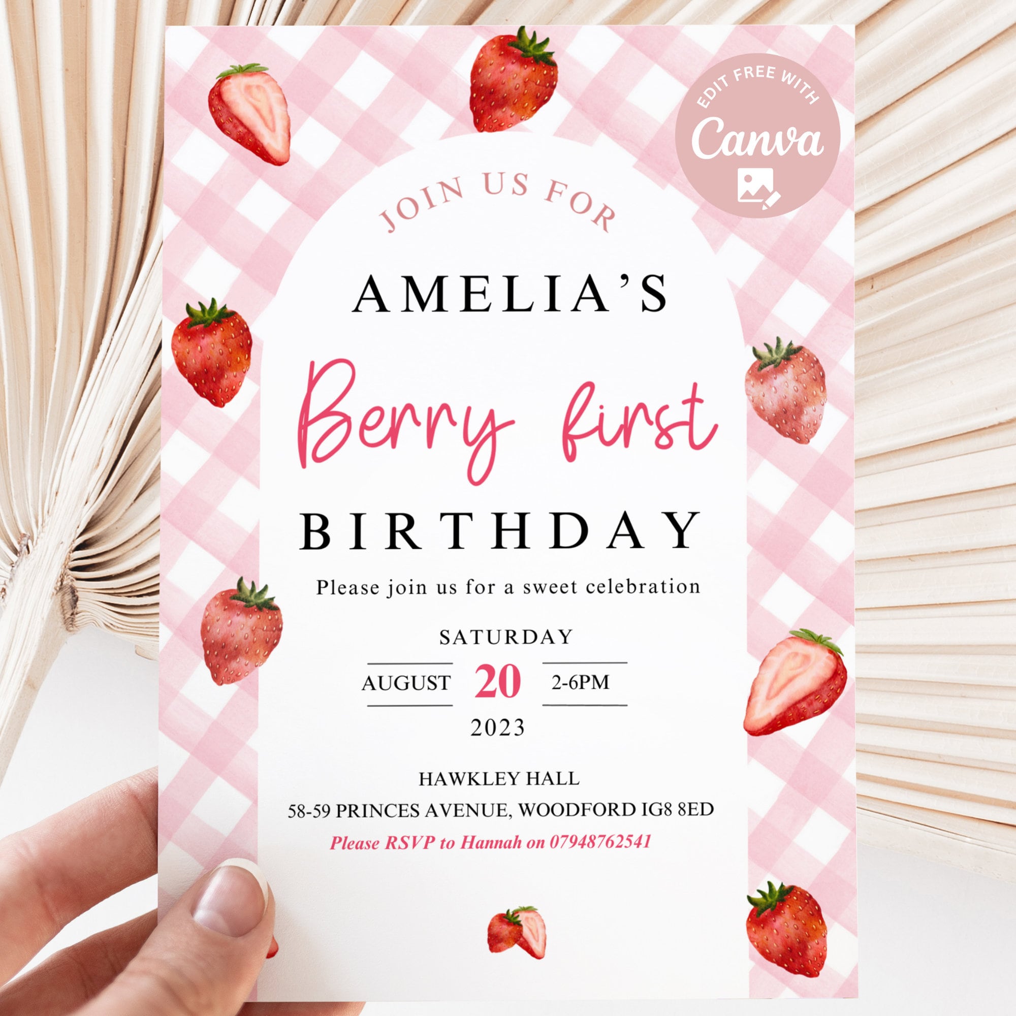 Editable Berry First Birthday Invitation, Strawberry Pink & White ...