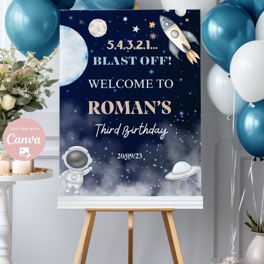 Editable Blue Outer Space Birthday Welcome Sign Birthday Boy Galaxy ...