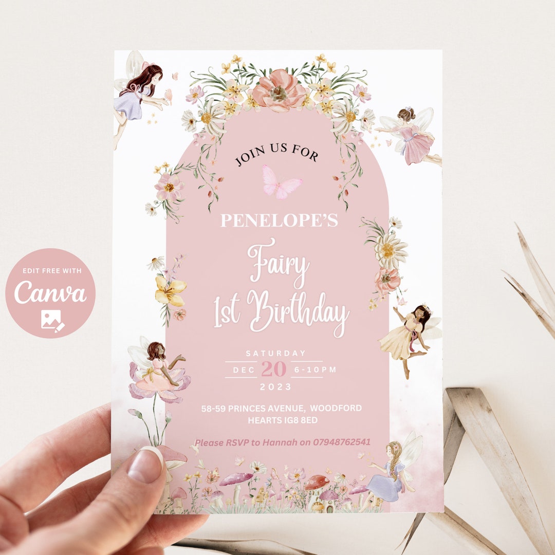 Editable Fairy 1st Birthday Invitation Enchanted Fairy Blush Pink Boho ...