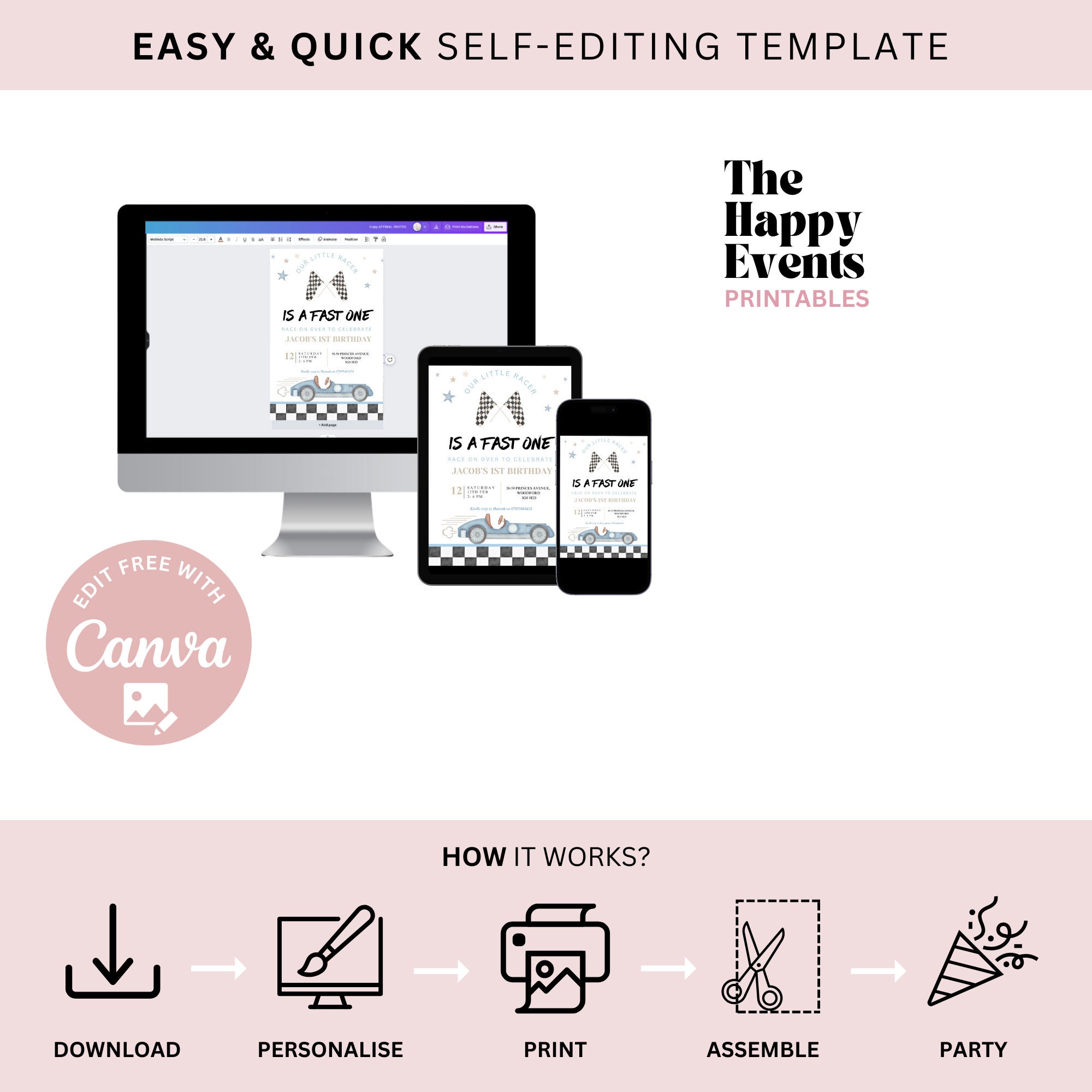 Editable Fast One Racing Car First Birthday Invitation 1st Birthday ...