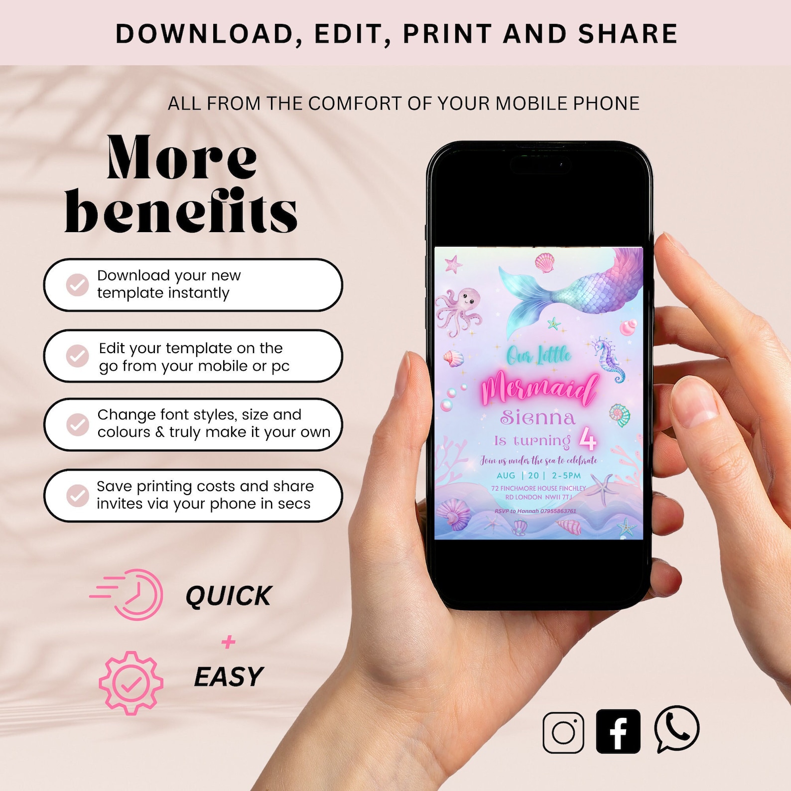 Editable Mermaid Birthday Invitation Girls Mermaid Invite - Etsy