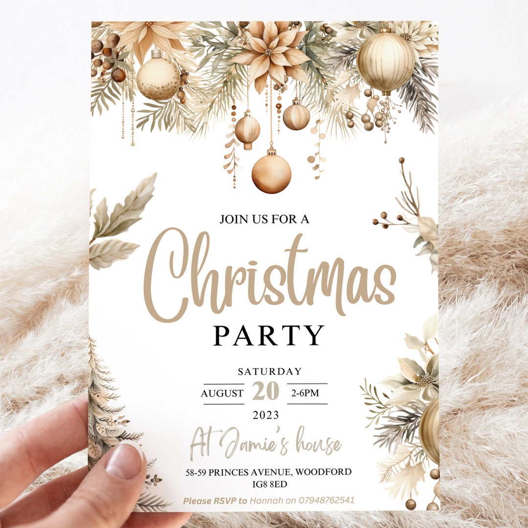 Editable Neutral Boho Christmas Party Invitation Christmas Party Invite ...