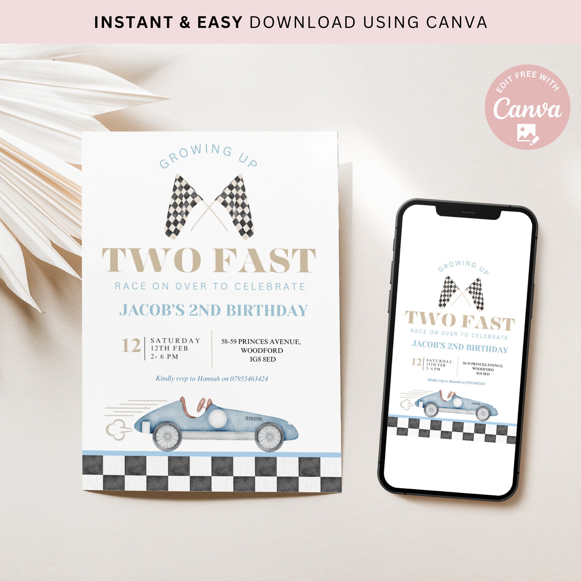 Editable Two Fast Birthday Invitation Race Car 2nd Birthday Boy Invite ...