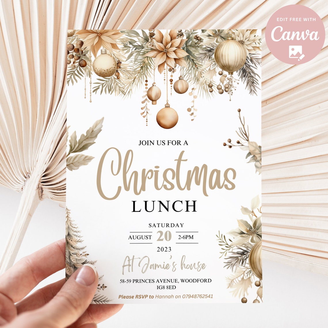 Editable Neutral Boho Invitación a la fiesta de Navidad Invitación a la ...