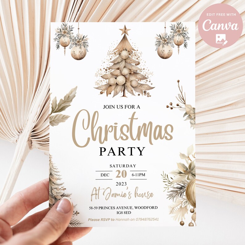 Editable Neutral Boho Christmas Party Invitation Christmas Party Invite ...