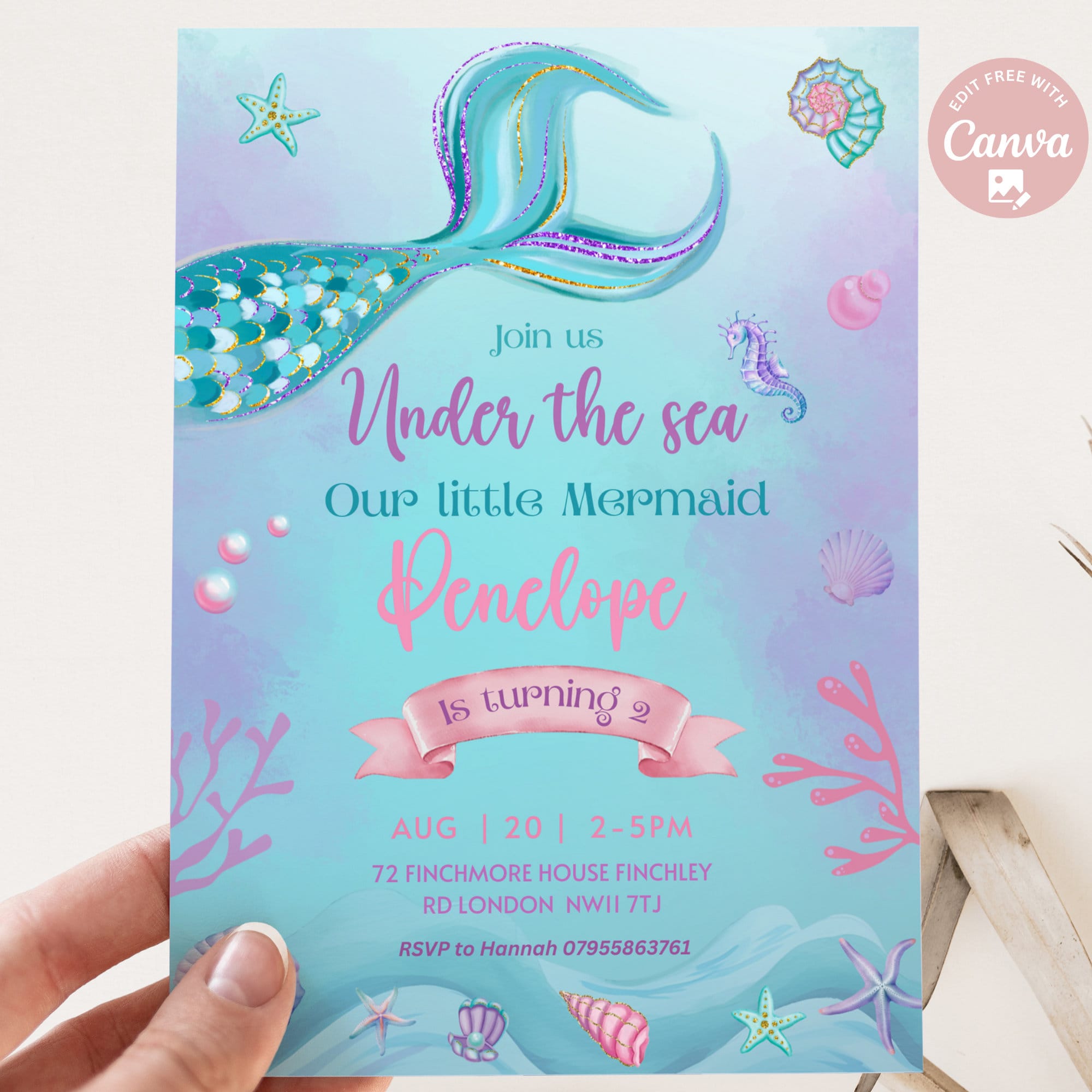 Editable Mermaid Birthday Invitation Girls Blue Mermaid Under - Etsy
