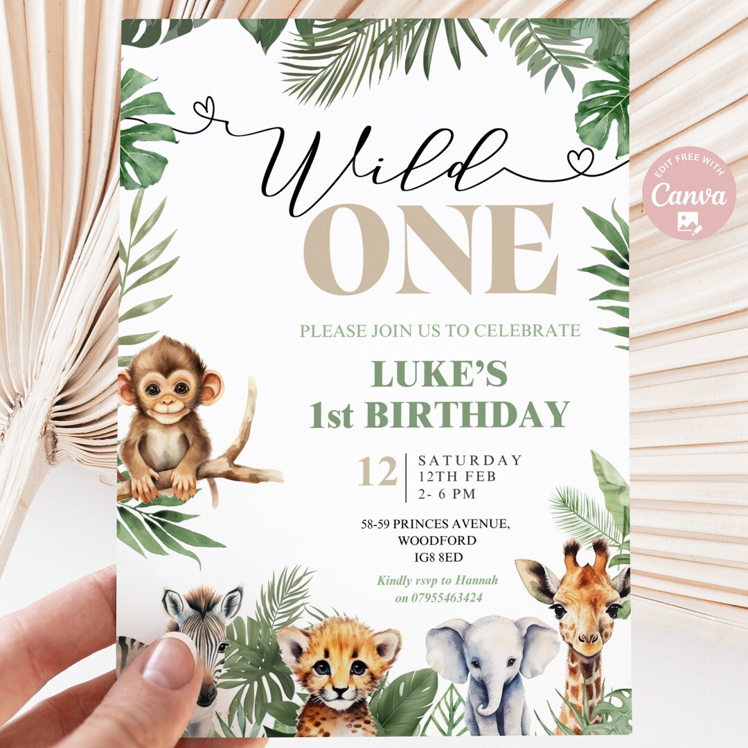 Editable Safari Wild One Gender Neutral 1st Birthday Invitation, Wild ...
