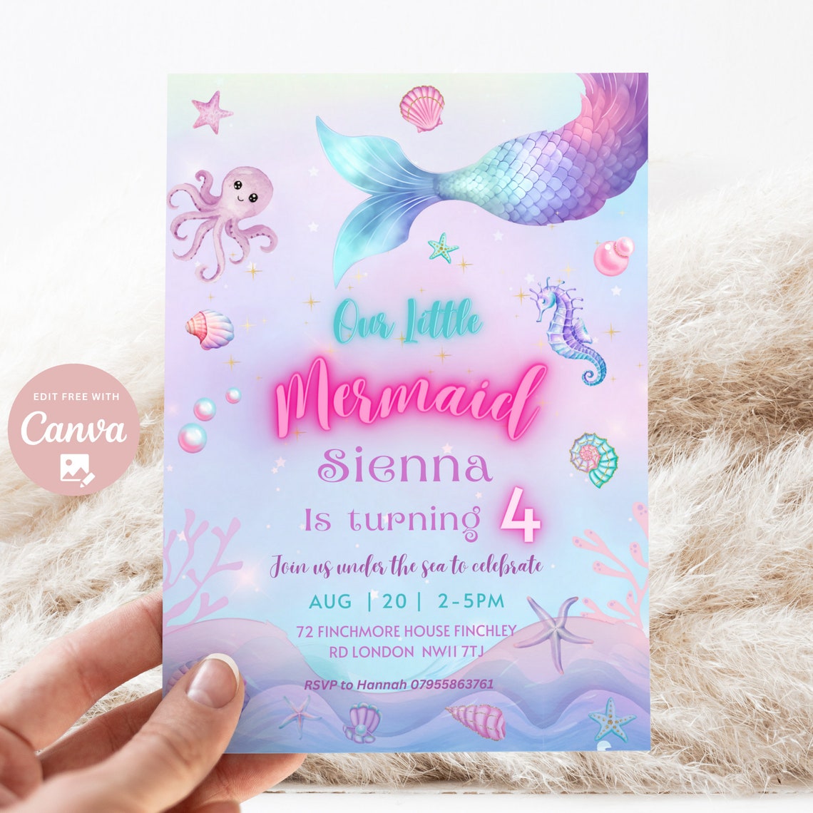 Editable Mermaid Birthday Invitation Girls Mermaid Invite - Etsy