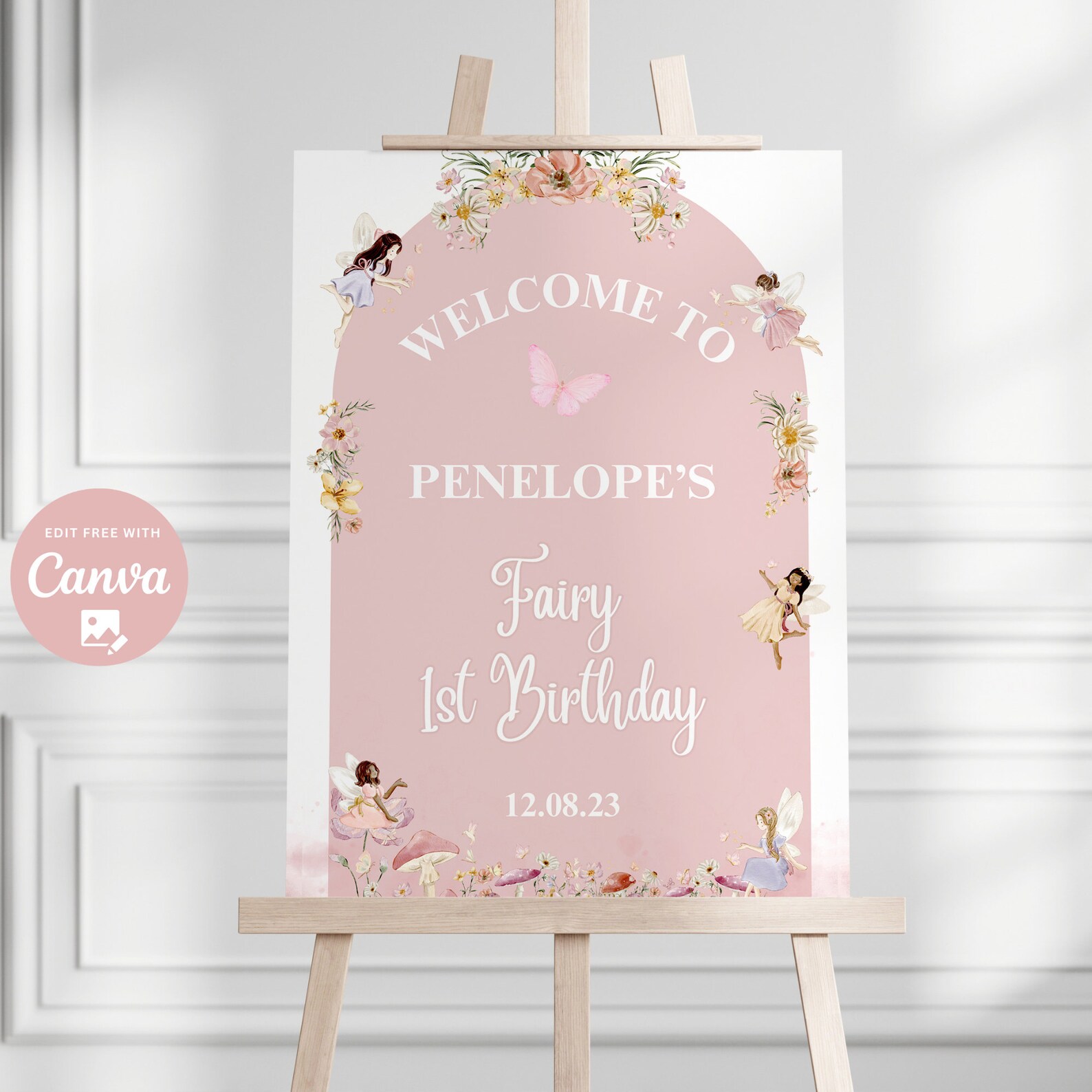 Editable Fairy 1st Birthday Welcome Sign Enchanted Fairy Blush Pink ...