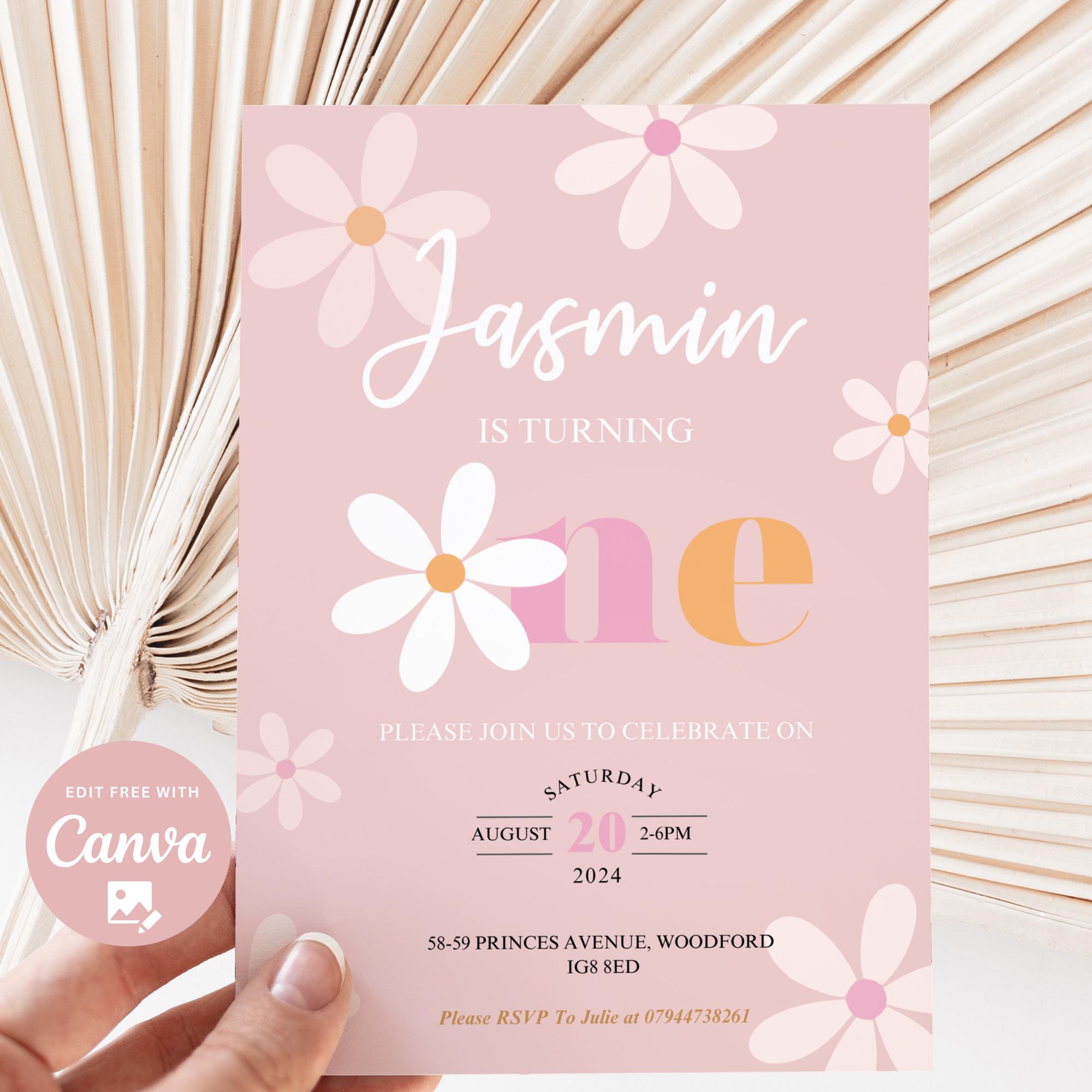 Editable Daisy One Girl Birthday Invitation, 1st Birthday Invite ...