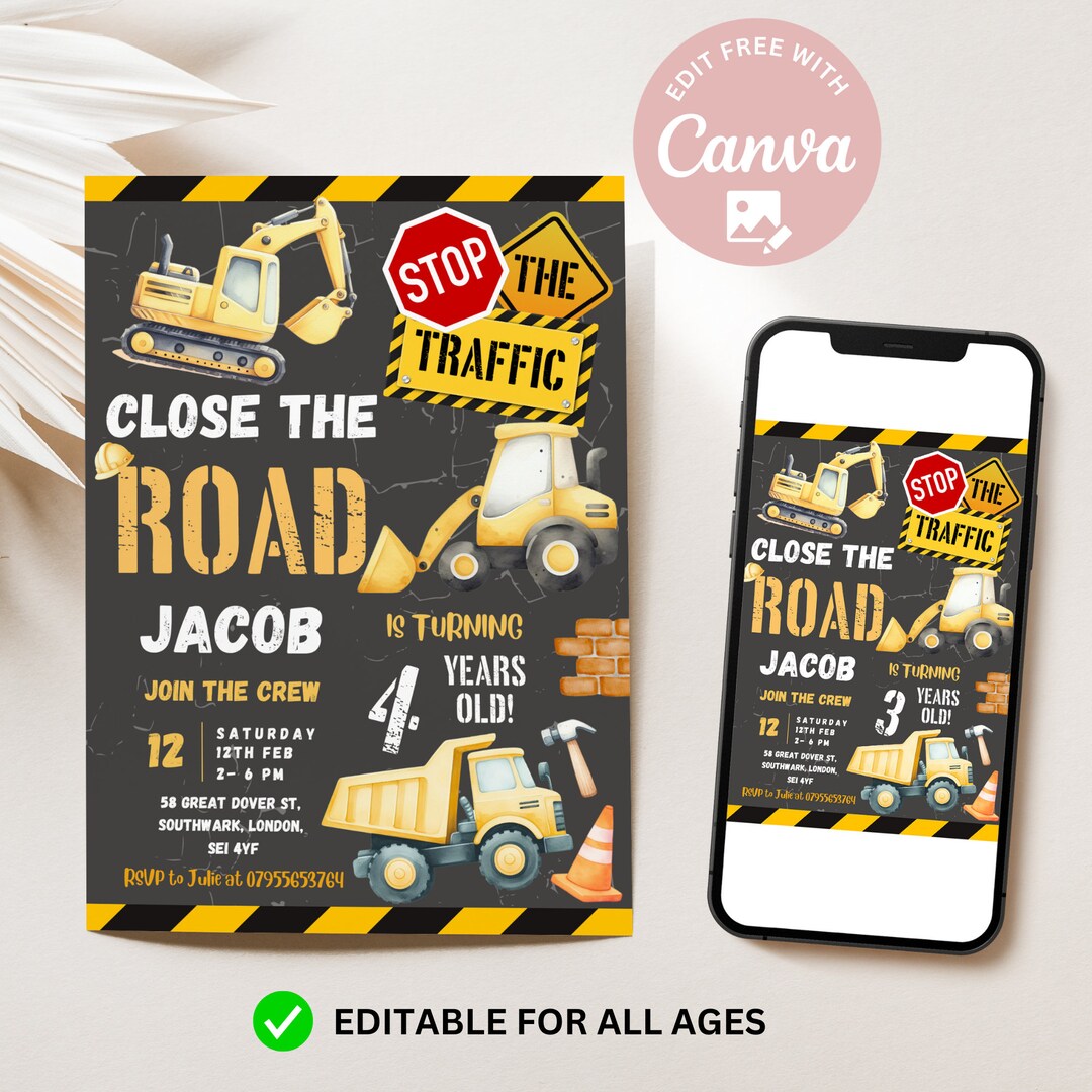 Editable Construction Party Invitation, Boys Construction Birthday ...