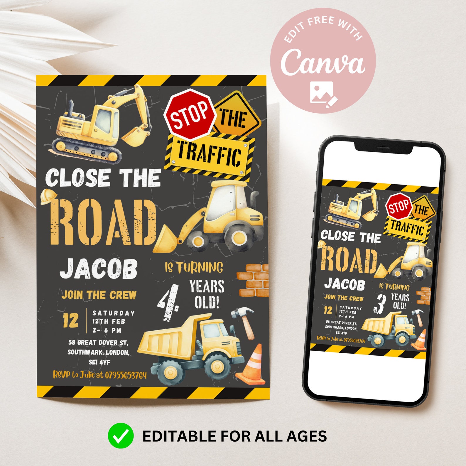 Editable Construction Party Invitation, Boys Construction Birthday ...