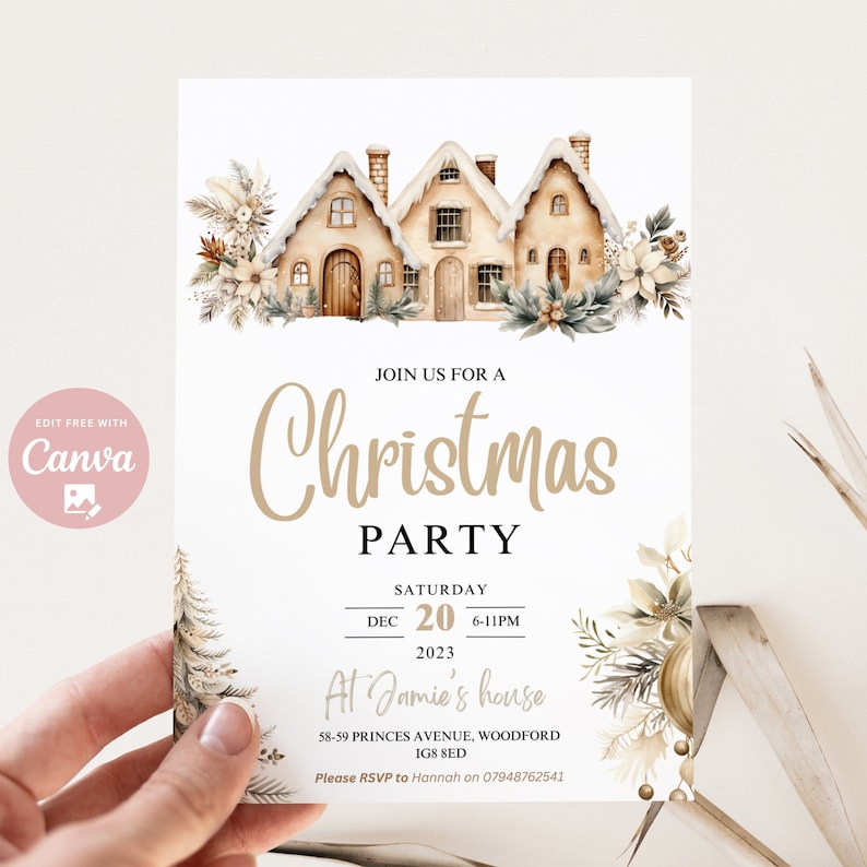 Editable Neutral Boho Christmas Party Invitation Christmas Party Invite ...
