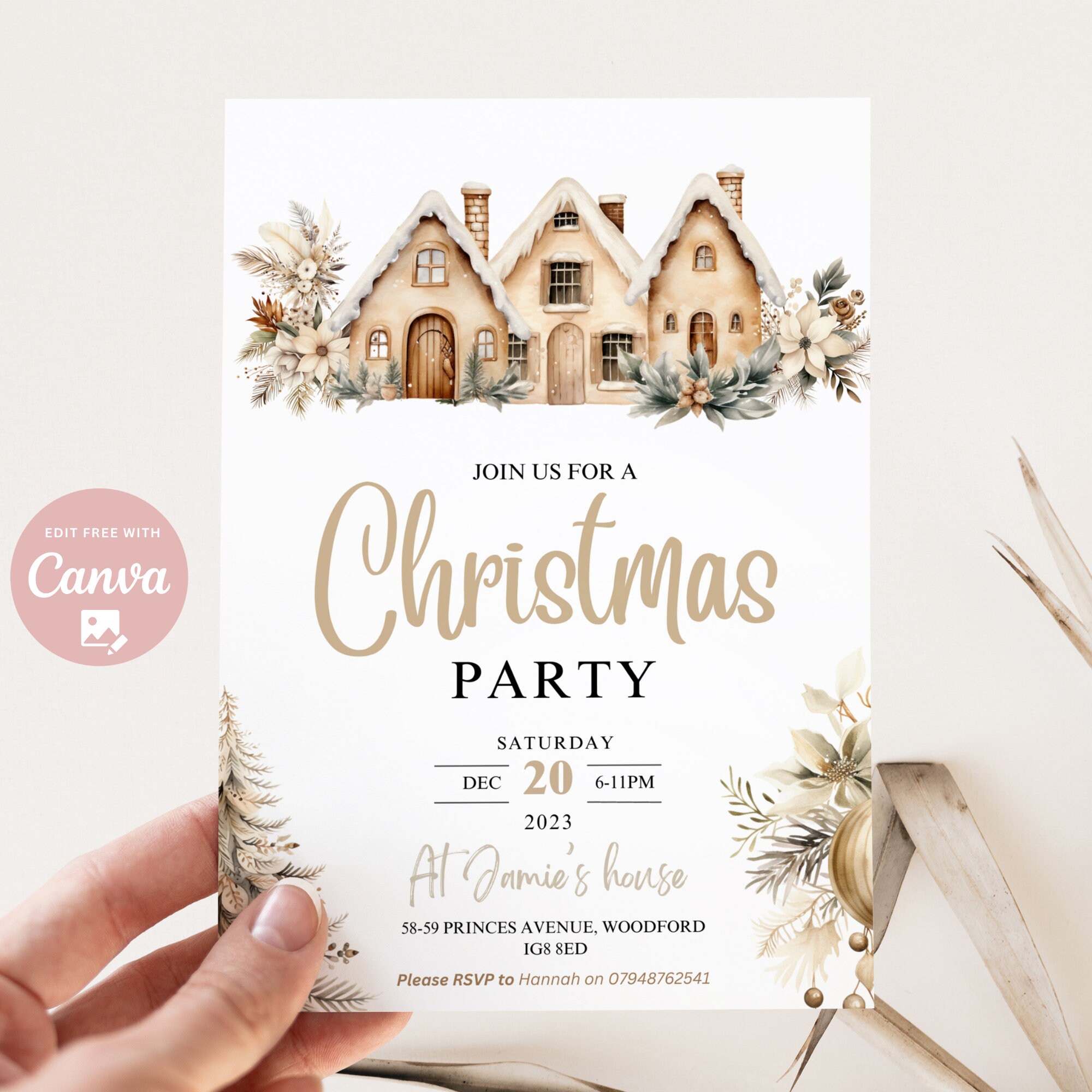 Editable Neutral Boho Christmas Party Invitation Christmas Party Invite ...
