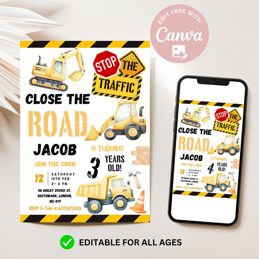 Editable Construction Party Invitation, Boys Construction Birthday ...