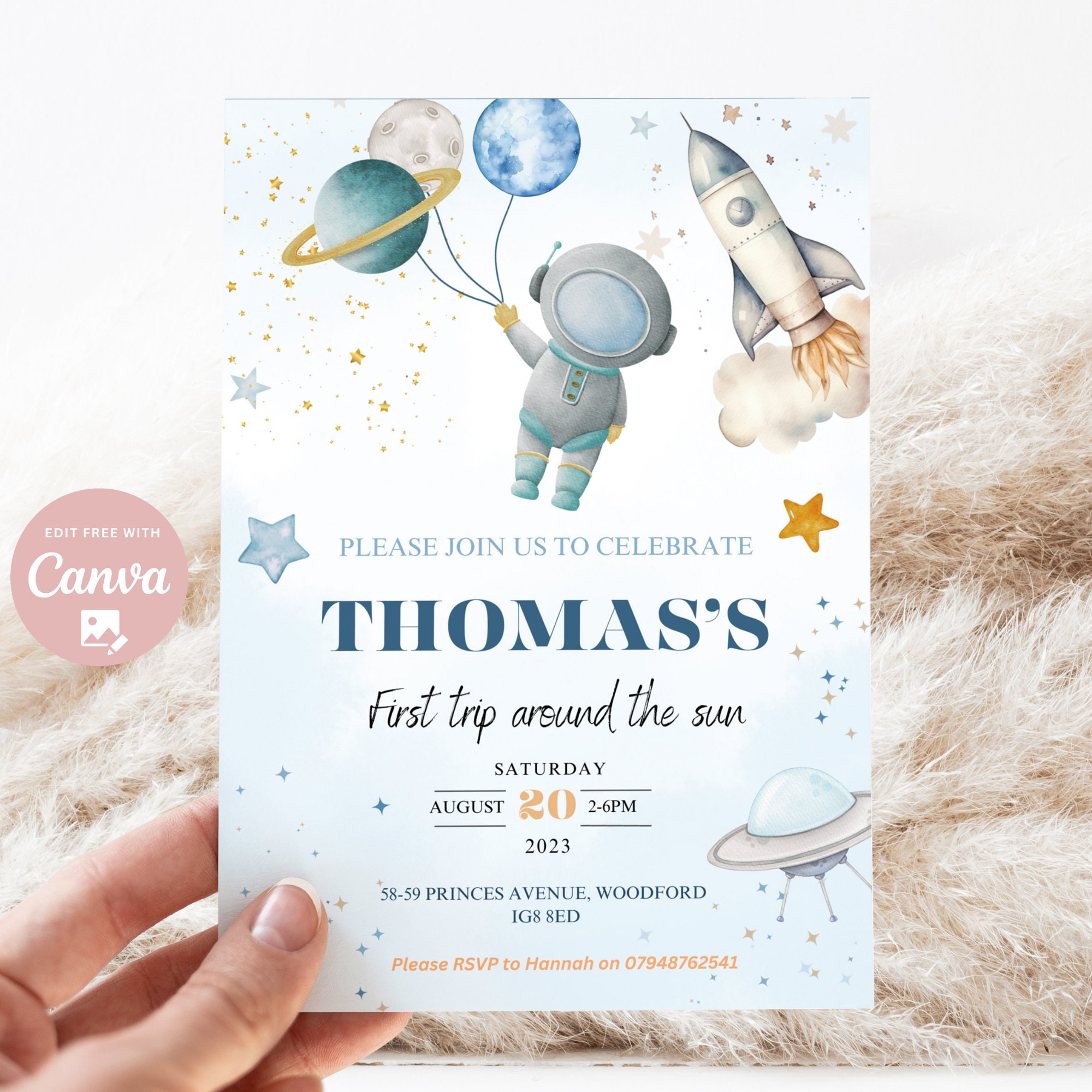 Editable First Trip Around the Sun Space Birthday Party Invitation, 1st ...