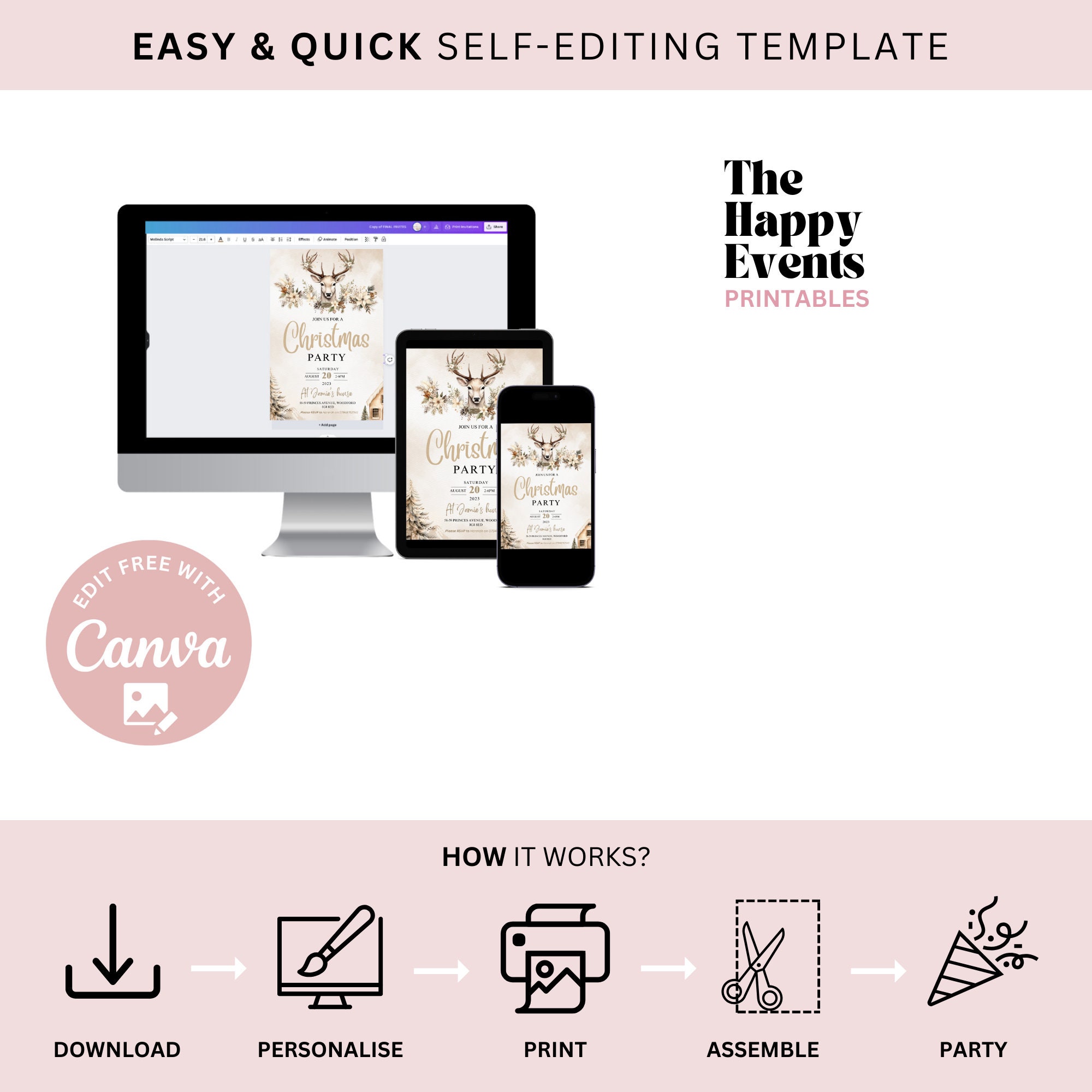 Editable Neutral Boho Christmas Party Invitation Christmas Party Invite ...