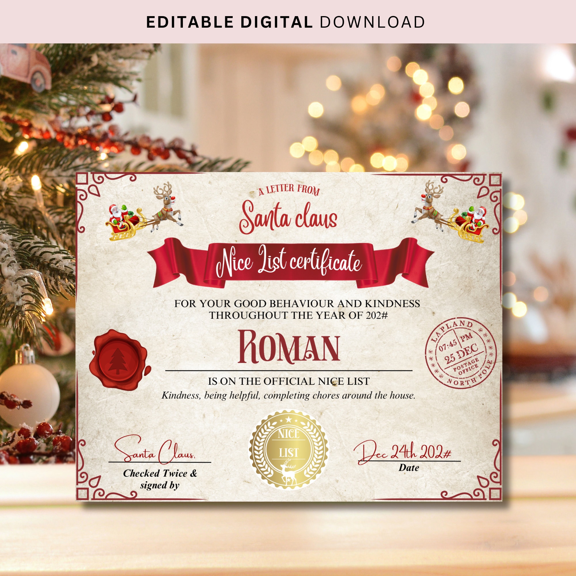 Editable Santa Nice List Certificate Printable Santas Official Document ...