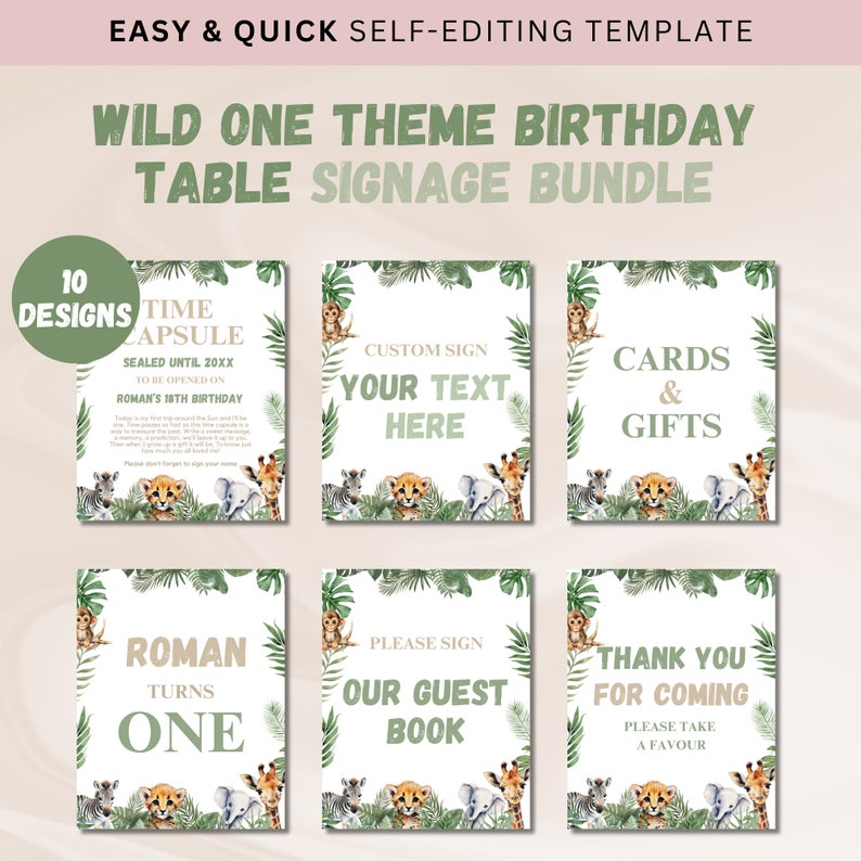 Editable Safari Wild One 1st Birthday Party Sign Bundle 1st Birthday ...