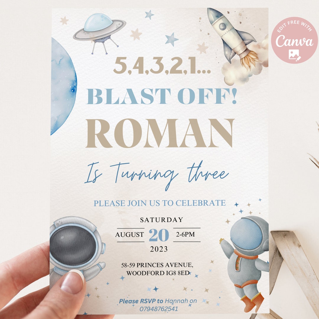 Editable Outer Space Birthday Invitation, Galaxy Blast off Party Invite ...