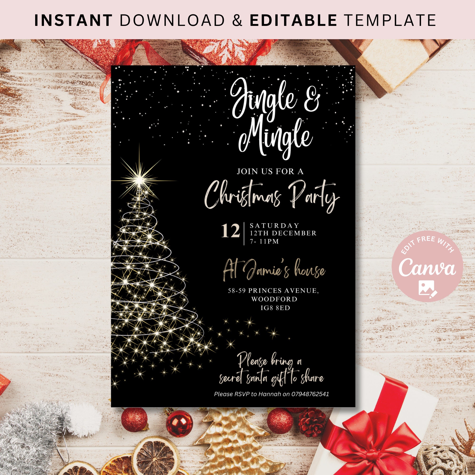 Editable Christmas Party Invitation Christmas Black Party Invite ...