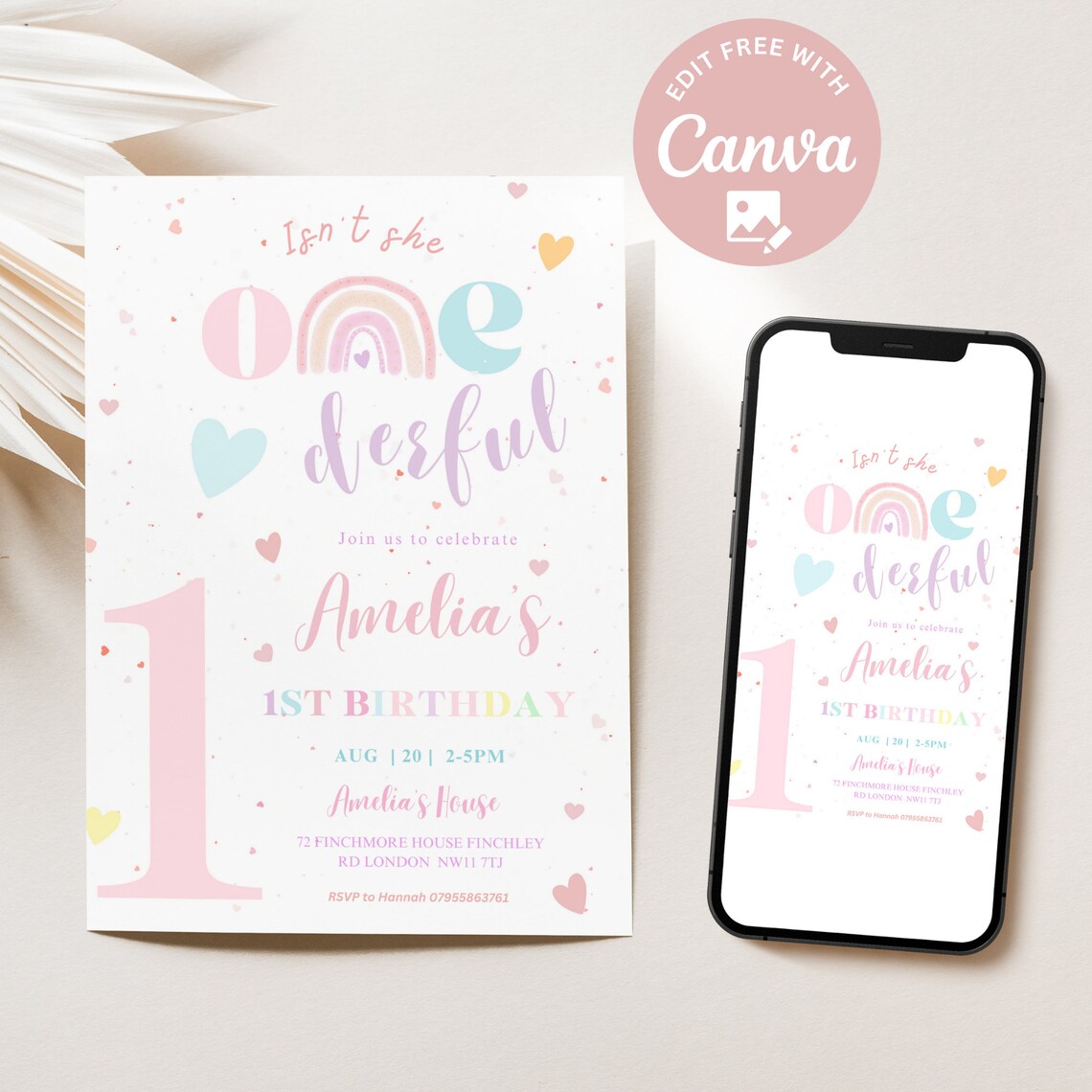 Editable Pastel Boho Rainbow Onederful 1st Birthday Invitation Isnt She ...
