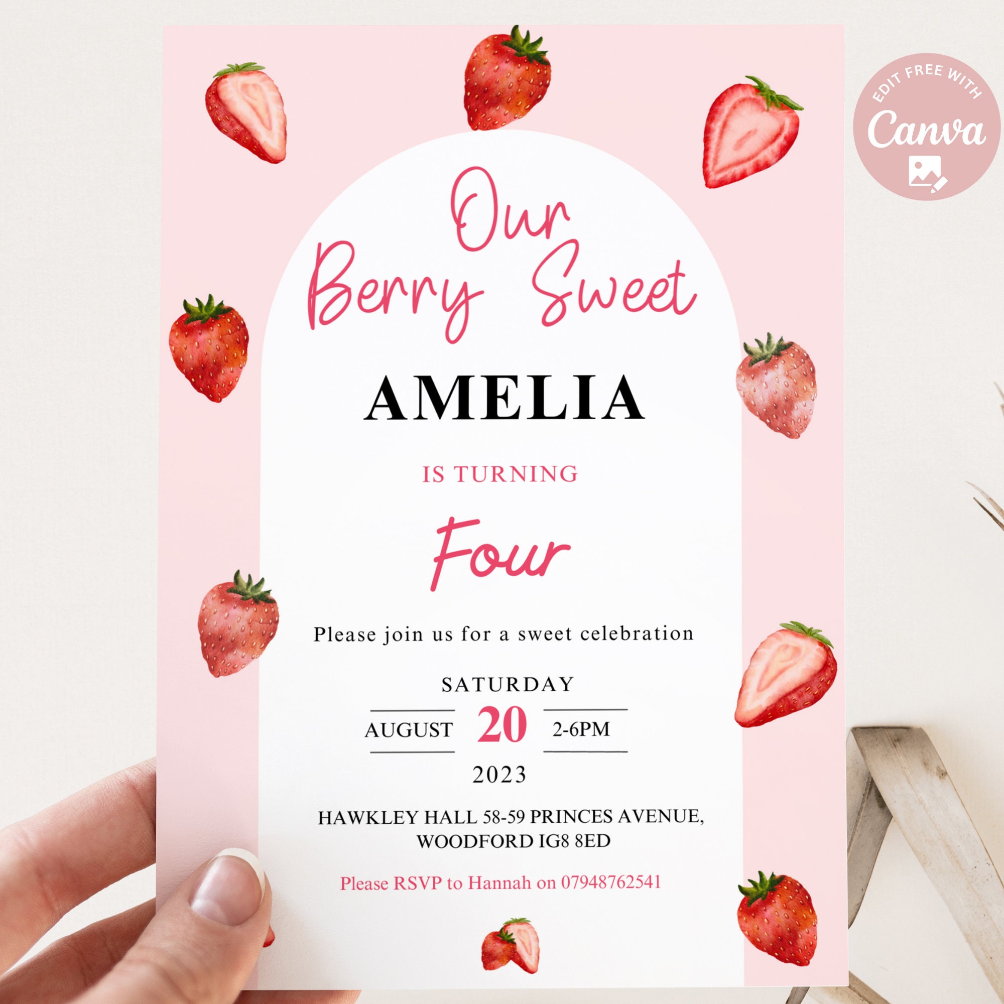 Editable Berry Sweet Birthday Invitation Strawberry Pink & - Etsy