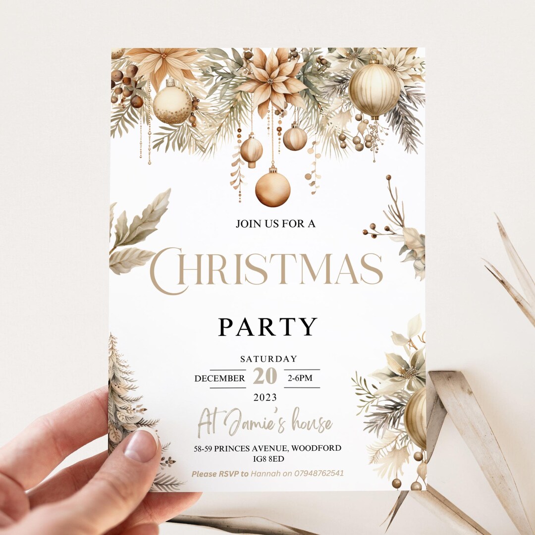 Editable Neutral Boho Christmas Party Invitation Christmas Party Invite ...