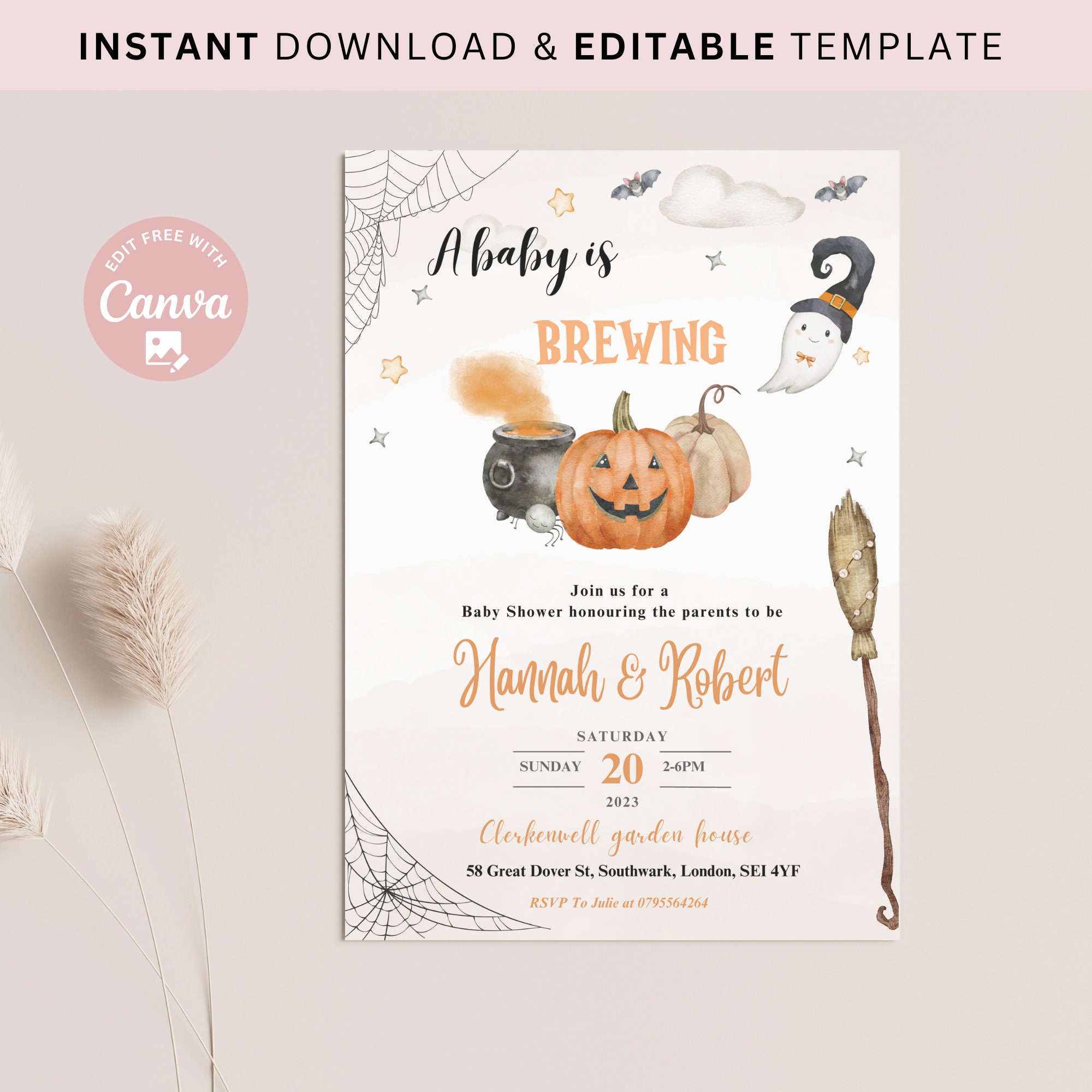 Editable Halloween Baby Shower Invitation, A Baby is Brewing Gender ...